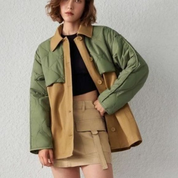 Cider | Jackets & Coats | Cider Mixed Media Button Front Long Line Quilted Jacket Green Tan Size ...